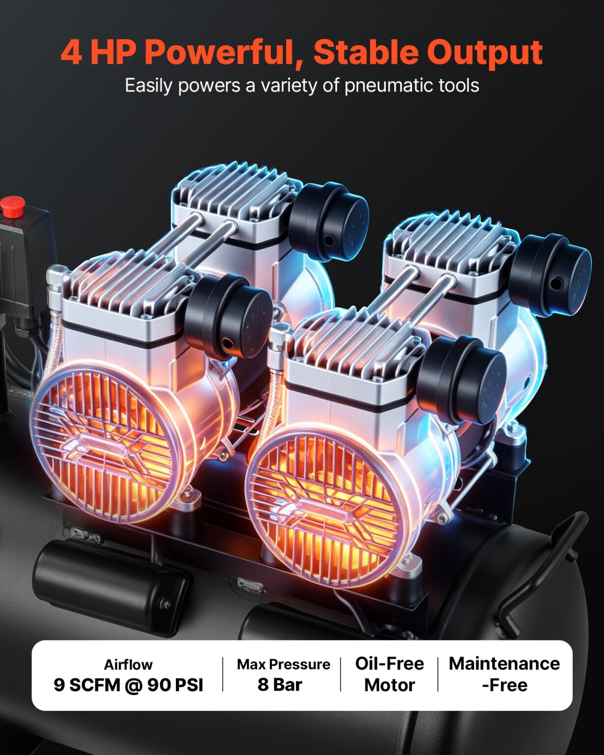 VEVOR 50L Oil-Free Air Compressor 3kW, 255 L/min 8 Bar, Quiet Portable ...