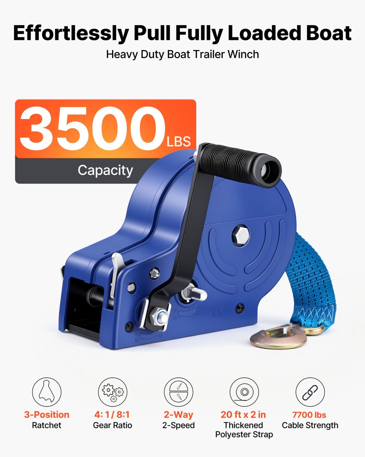 VEVOR 1588 kg Hand Boat Winch with 6.1 m Strap, Heavy-Duty Two-Way ...